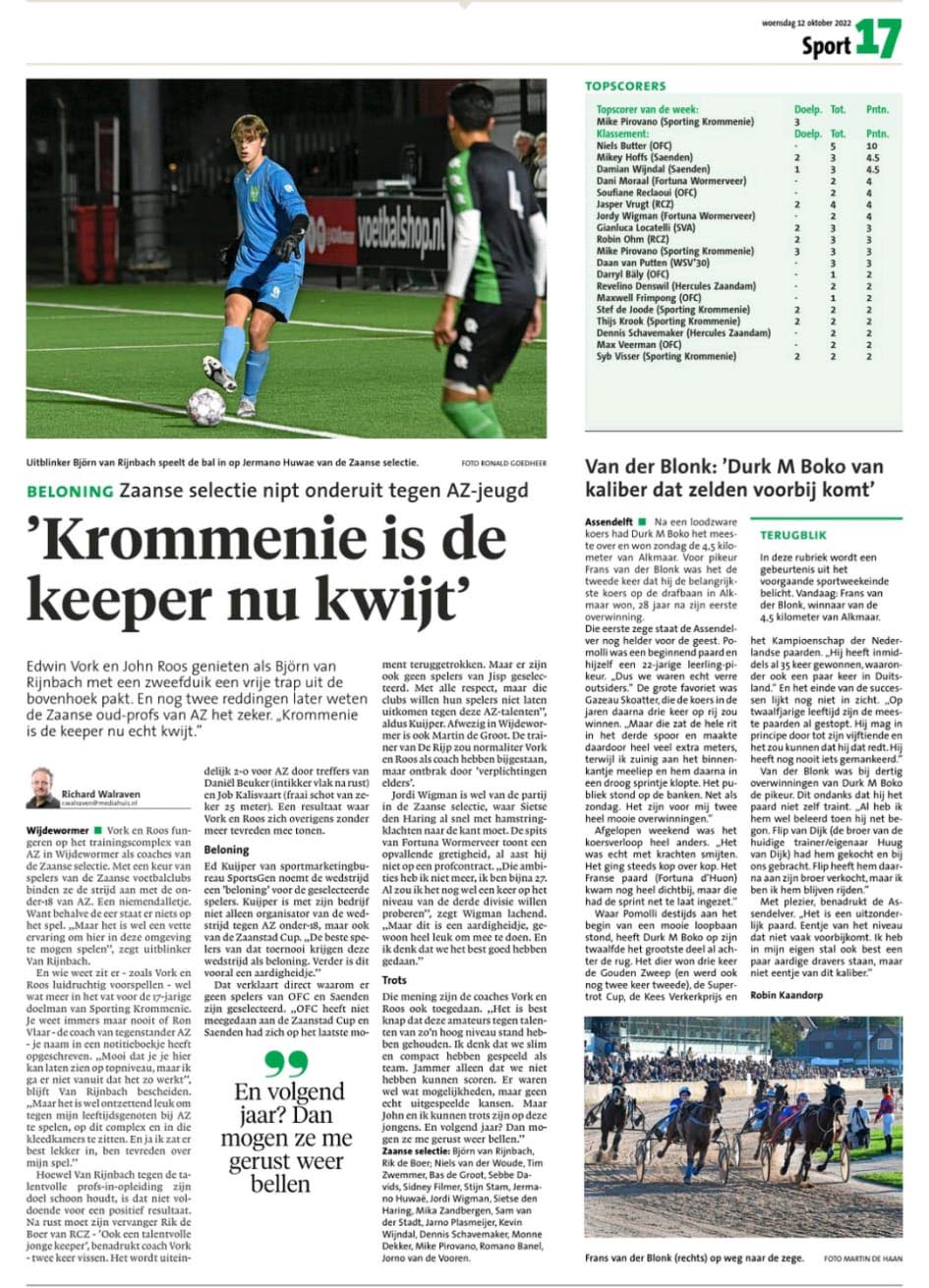 Zaanse selectie met Mike en Bjorn speelt keurige wedstrijd tegen AZ O18 ...